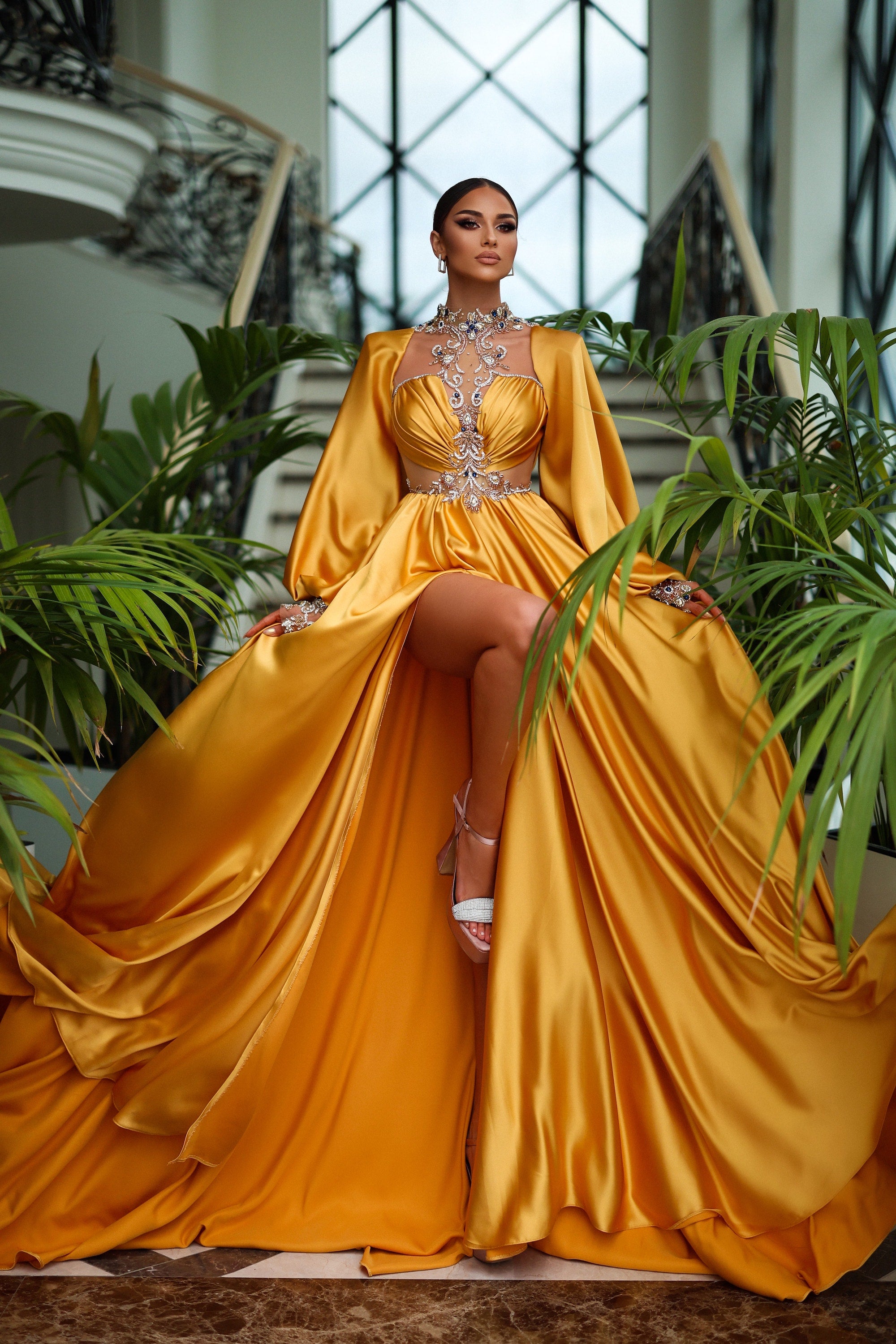 Yellow Ochre Satin Evening Dress – Qëndresa